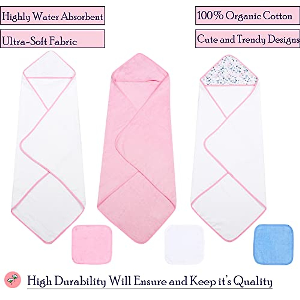 Super Soft Hooded Towel Set for Babies: 100% Cotton, 30x30 Inches, Perfect Cap Size, Pack of 3 Towels & 3 Washcloths for Newborns to Toddlers