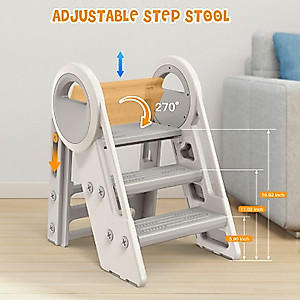 Glamore Toddler Step Stool for Bathroom Sink, Kitchen Counter Helper, Adjustable 3 Step Stool for Kids with Safety Handles and Non-Slip Foot Pads (Grey-White)