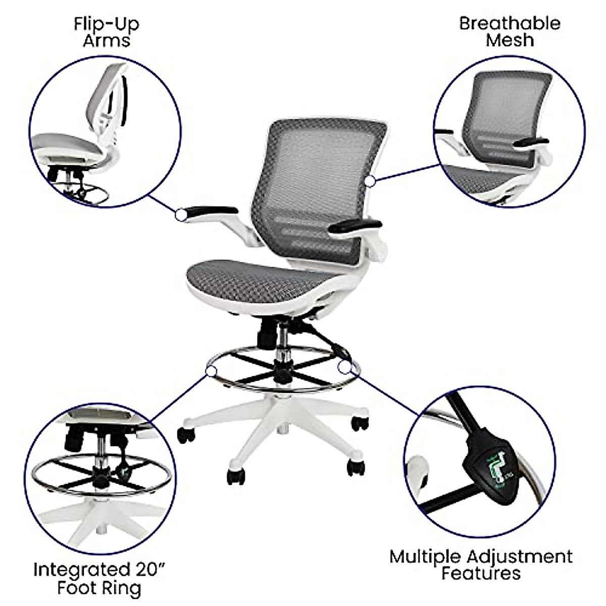 EMMA + OLIVER Gray Mid-Back Mesh Drafting Chair with White Frame and Flip-Up Arms