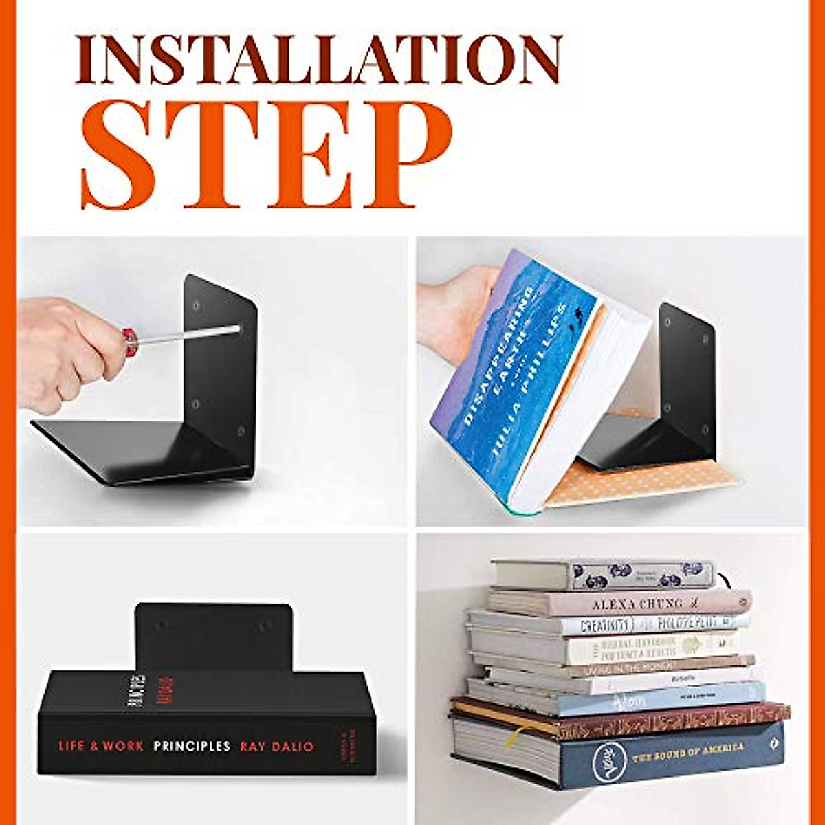 CRIZTA 2pcs Invisible Floating Bookshelf, Heavy Duty Wall Mounted Book Organizer, Metal Shelves Holder for Books, Large Size (Black) (2)