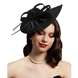 Pillbox Hats 20s 50s Vintage Fascinators for Women with Feather Mesh Veil Headband Bridal Wedding Tea Party (F-Black)