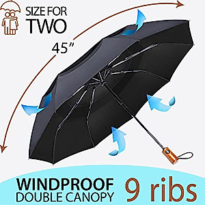 NEW Premium Large Windproof Double Canopy Umbrella for Rain - Travel Compact Automatic Folding Umbrella for Backpack - Portable Auto Oversized Black Compact Umbrella for Men and Women