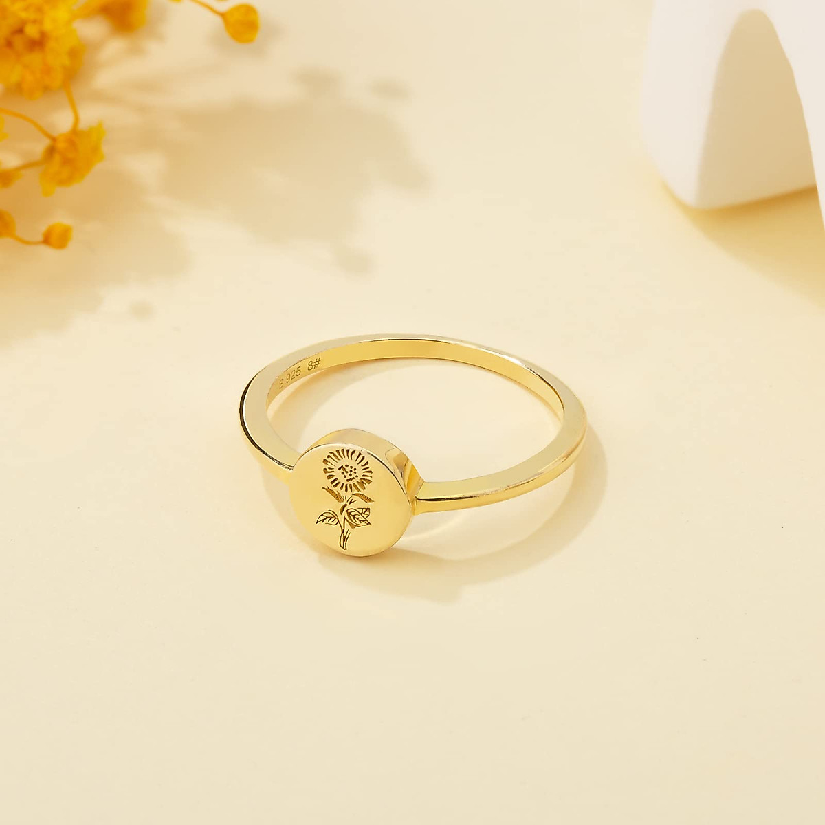 YeGieonr Sunflower Gold Rings for Women Non Tarnish 925 Sterling Silver Rings, Dainty Statement Ring, Waterproof Solid Gold Ring