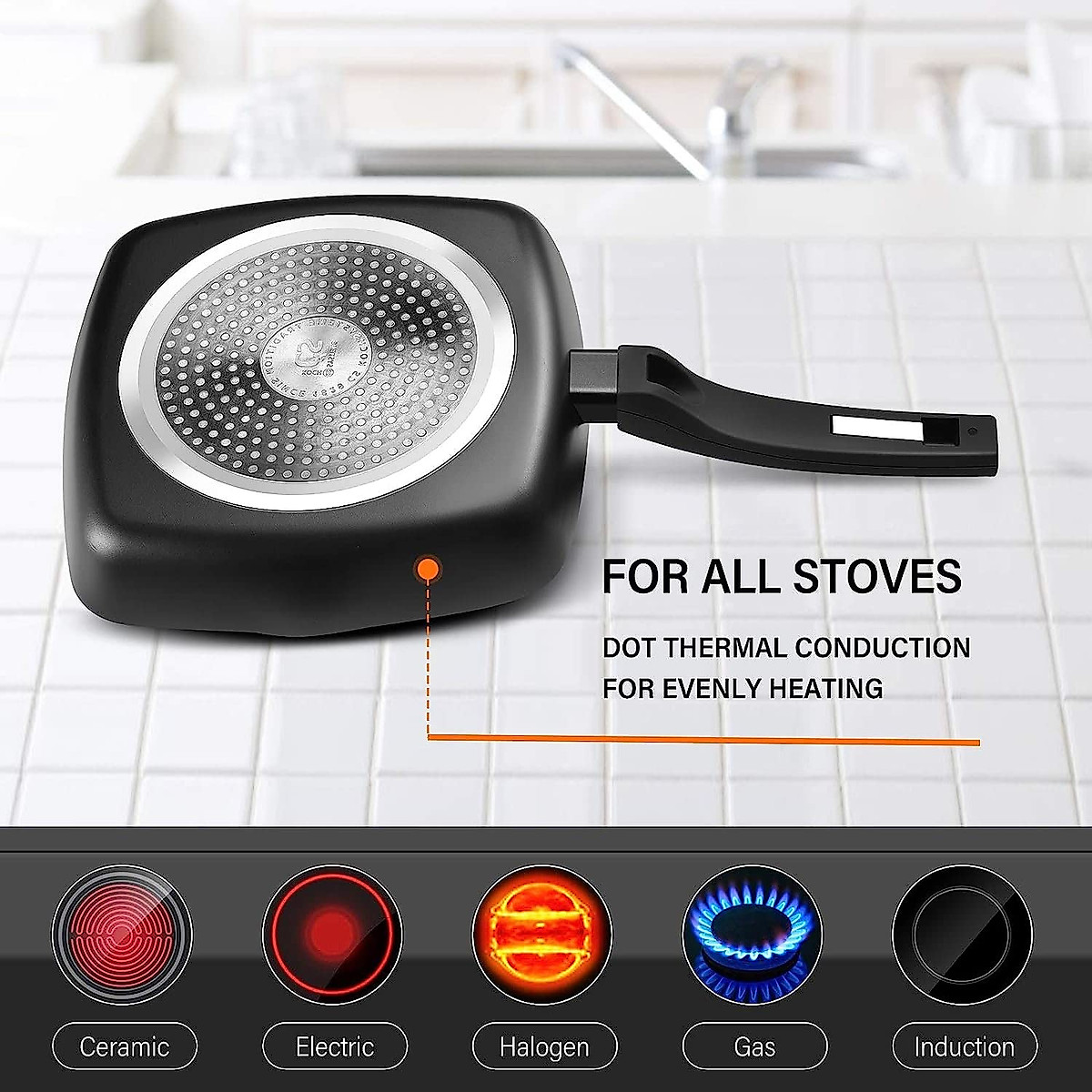 KOCH SYSTEME CS 9.5 Inch Nonstick Grill Pan for Stove Tops, Marble Coating Square Grill Skillet with Lid, Fry Pan Compatible with all Stoves, Ultimate Nonstick Skillet with Bakelite Handle, Toxic-Free