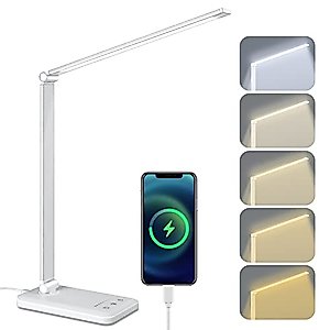 Linkstyle LED Desk Lamp, Table Light with USB Charging Port, Foldable Dimmable 5 Modes 10 Brightness Levels Touch Control Desk Light Auto Timer Eye Caring Book Reading Lamps for Home Office