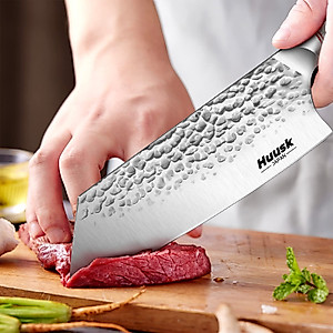 Huusk Japan Knife Professional Kitchen Knife Meat Cleaver Nakiri Knife and Boning Knife Set with Ergonomic Pakkawood Handle and Gift Box for Family Restaurant