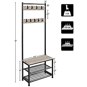 Yaheetech 3-in-1 Hall Tree Coat Rack with Shoe Storage Bench, Entryway Coat Rack Shoe Bench with 9 Movable Hooks, Industrial Accent Furniture with Metal Frame, Easy Assembly, Gray