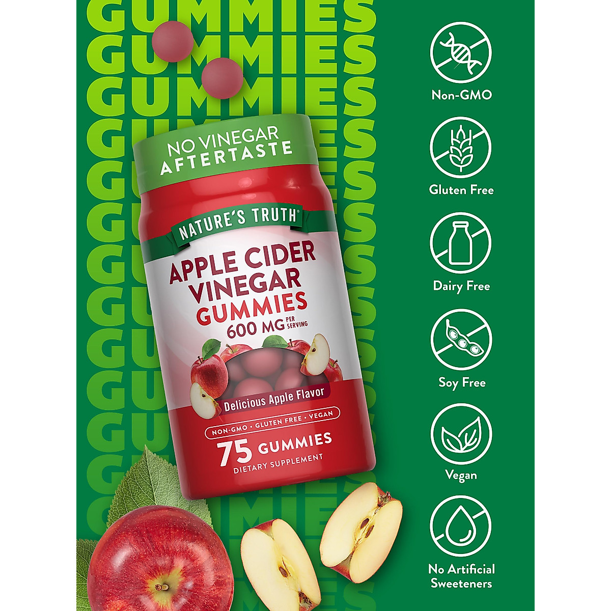 Apple Cider Vinegar Gummies | 600 mg | 75 Gummies | Apple Flavor | Vegan, Non-GMO, Gluten Free Supplement | by Nature's Truth