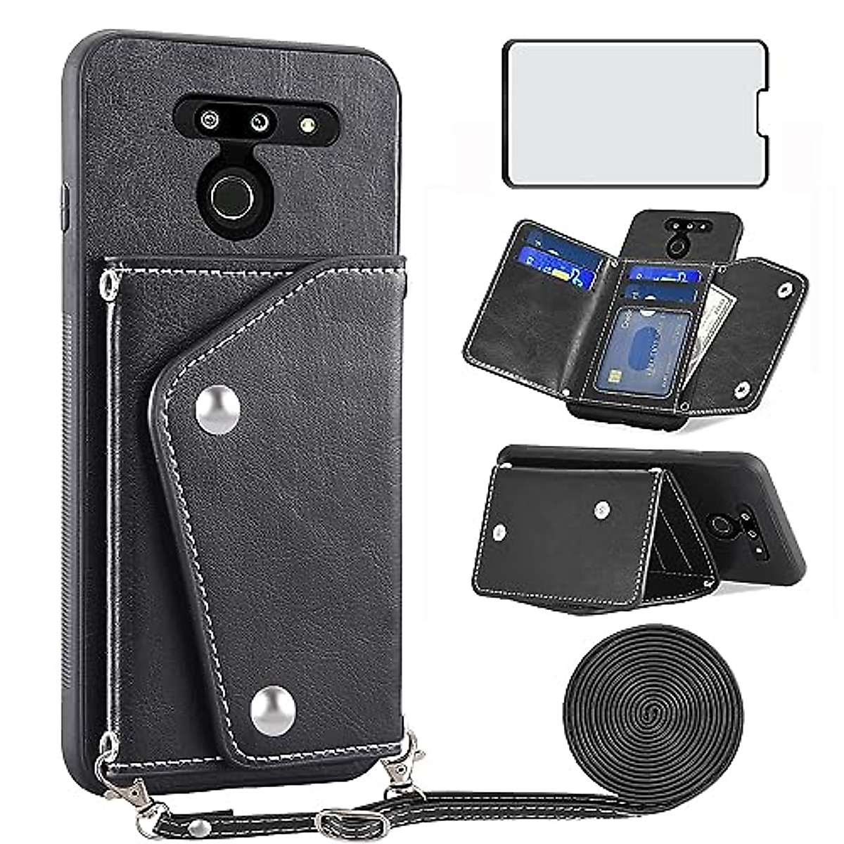 Asuwish Phone Case for LG G8 ThinQ Wallet Cover with Screen Protector and Credit Card Holder Crossbody Strap Stand Leather Cell Accessories LGG8 Thin Q G 8 LG8 G8thinq LGG8thinq 8G Women Girls Black