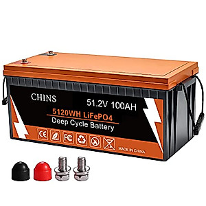 CHINS Bluetooth LiFePO4 Battery，48V 100Ah Smart Lithium Battery，Perfect for Golf Cart, Trolling Motor, Boat, RV, Solar, Home Energy Storage, Backup Power and Off-Grid etc, Peak Current 500A.