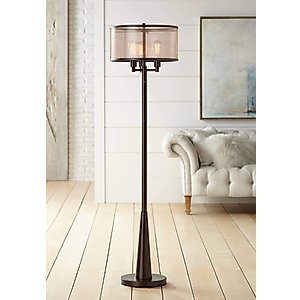 Franklin Iron Works Durango Rustic Farmhouse Vintage Standing Floor Lamp 3-Light 62" Tall Oiled Bronze Brown Sheer Shade Antique LED Edison Bulbs for Living Room Reading House Bedroom Home Office