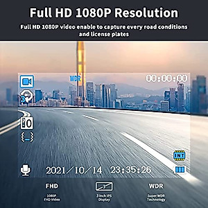 Dash Cam 1080P Full HD, 2 Mounting Options, On-Dashboard Camera Video Recorder Dashcam for Cars with 3" LCD Display, Night Vision, WDR, Motion Detection, Parking Mode, G-Sensor, 170° Wide Angle