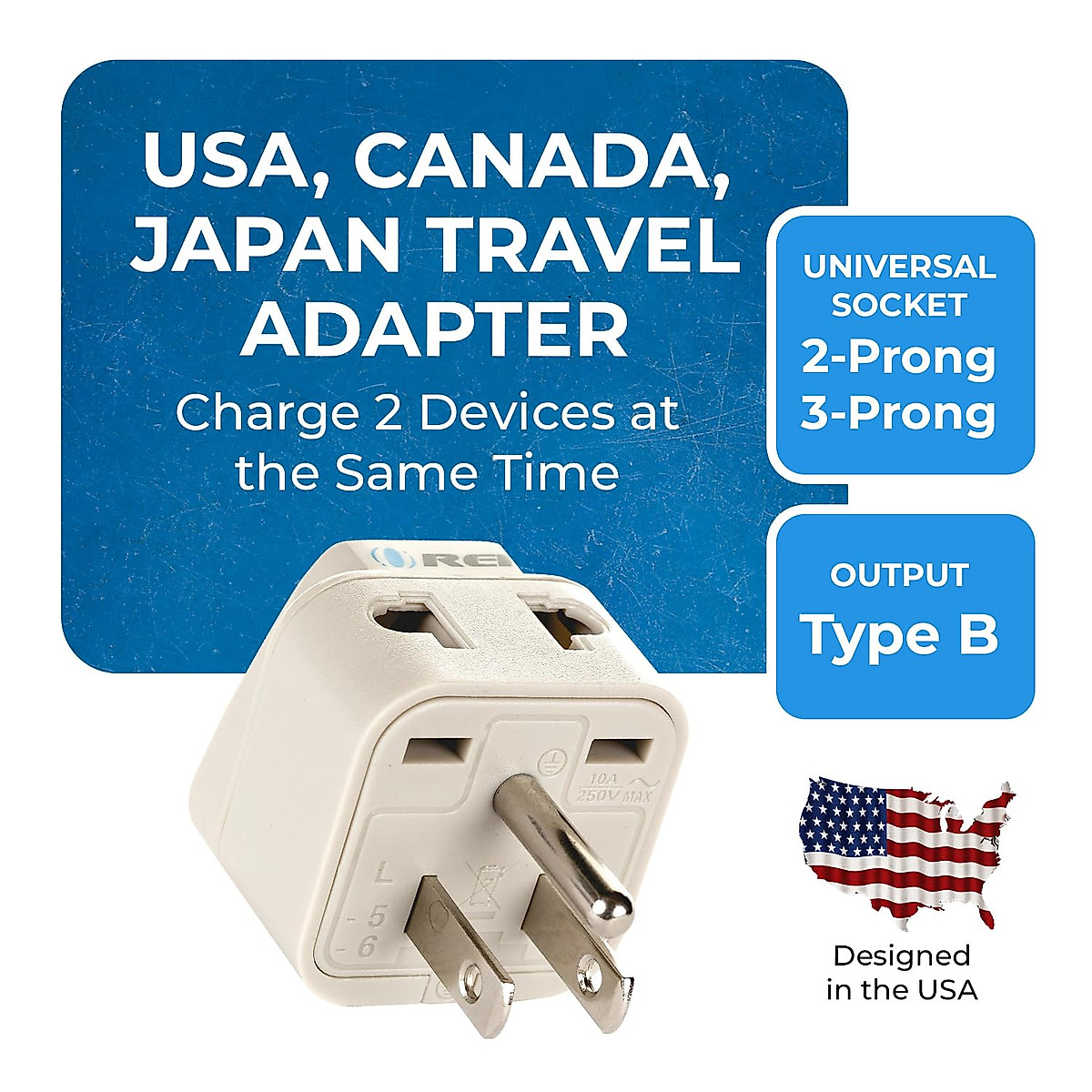OREI USA, Japan, Philippines & More (Type B) Travel Adapter Plug - 2 in 1 - CE Certified - RoHS Compliant - 4 Pack - White Color (DB-5-4PK)
