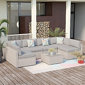 SUNBURY 7-Piece Outdoor Sectional Wicker Sofa in Gray Cushions, Gray Wicker Patio Furniture Set w Glasstop Table for Backyard Garden Porch