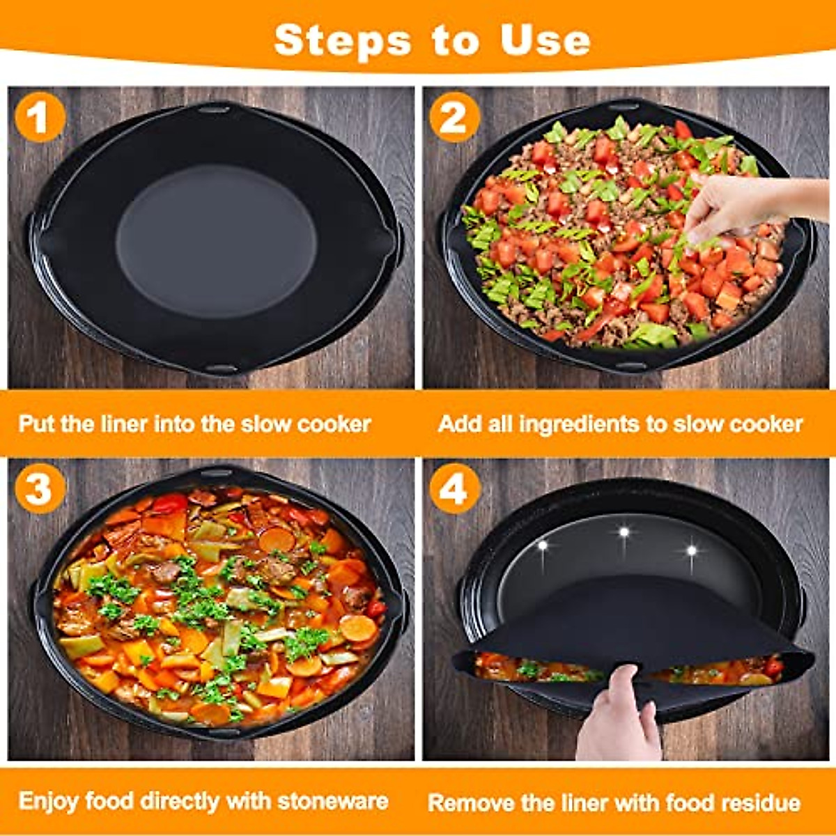 XANGNIER Silicone Slow Cooker Liners for 7,8 Quarts Crockpot,Reusable Silicone Insert with Handle,Unique Spout Design,Leakproof &Easy Clean,Cooking Liner for Oval or Round Crock Pot,Slow Cooker Accessories,Black