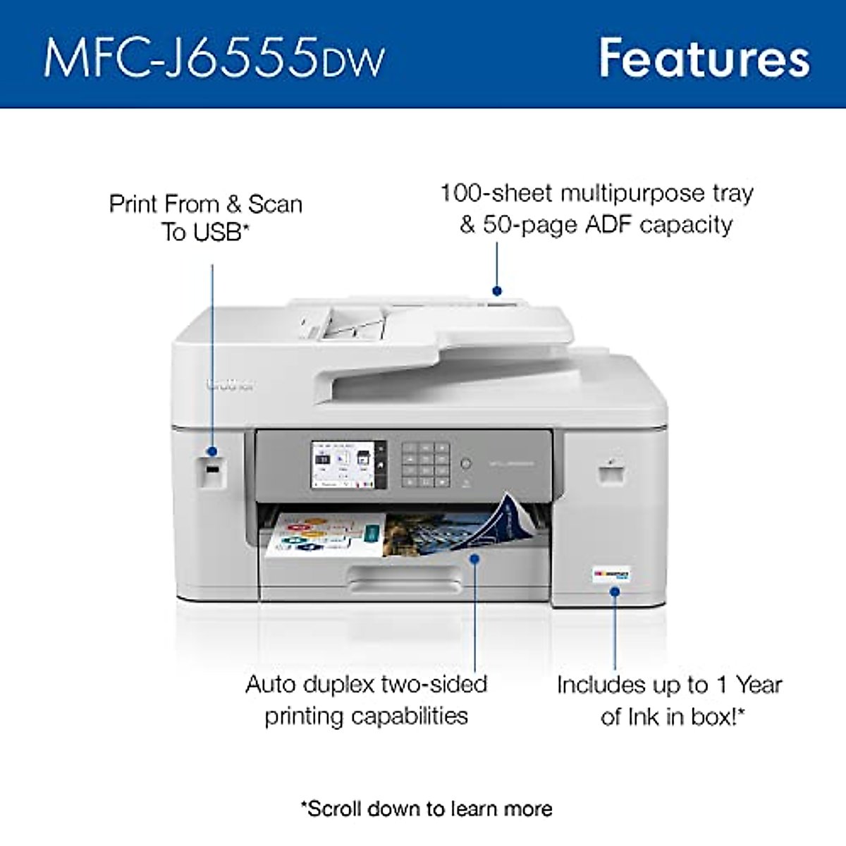 Brother MFC-J6555DW INKvestment Tank Color Inkjet All-In-One Printer with up to 1 Year of Ink In-box1 and 11” x 17” print, copy, scan, and fax capabilities