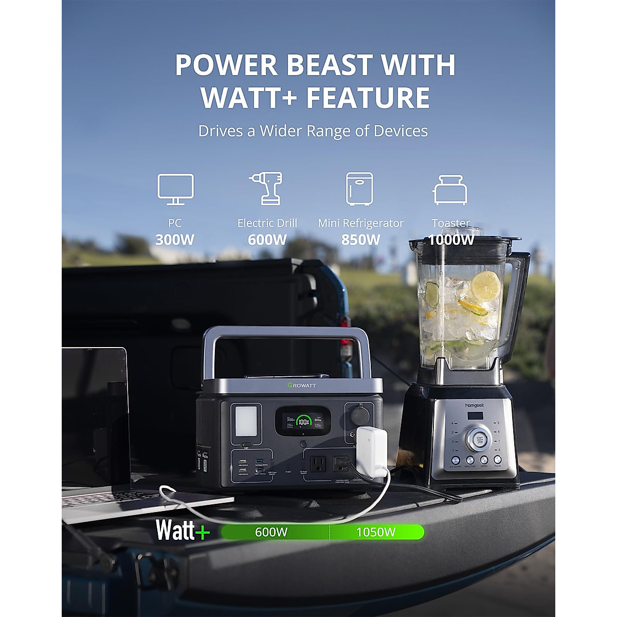 GROWATT Solar Generator VITA 550 Portable Power Station with 200W Solar Panel, UP to 1050W Output, 538Wh LiFePO4 Battery, Fast Solar Charging, Solar Powered Generator for Outdoor Camping/RV/Home Use