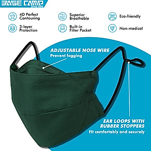 BASE CAMP Reusable Cloth Dust Face Masks 100% Cotton Washable Adjustable Breathable Fabric Mask with Filter Pocket (1Black+1Green-L)