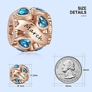 NINGAN March Birthstone Charms Rose Gold 925 Sterling Silver Love Heart Bead for Charm Bracelets and Necklaces with 5A Cubic Zirconia, Birthday Gifts
