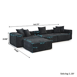Sdorens L Shaped Sofa with Ottoman, 141.73" Modular Sectional Sofa Couch, Corduroy Fabric Couches with 5 Pillows, Oversized Sectional Sofa for Living Room, Black