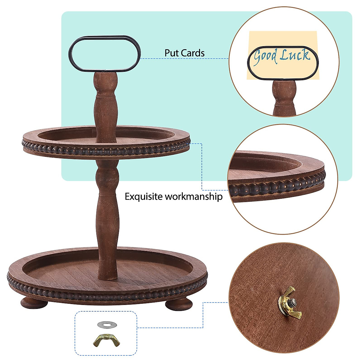 Urban Deco Wooden Decorative Tray Two Tiered Tray Decorations Round Serving Tray with Metal Handle, Wooden Cupcake Stand for Party Tiered Dessert Stand - Dark Brown Farmhouse Wooden Tray