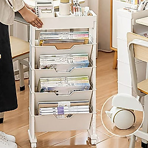 BFYDOAA 5 Tier Rolling Organizer Cart,Mobile Bookcase with Wheels Movable Bookshelf Cart with Drawers for Classroom School Bedroom Groceries Office(Blue)