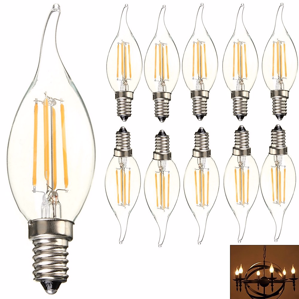E14 Base LED Light Bulbs 4W CA11 Antique Candelabra Filament Candle Lamp Bulb, Energy Saving Warm White 2700K Vintage Style Flame Shape Bent Tip Bulb (10 Pack)