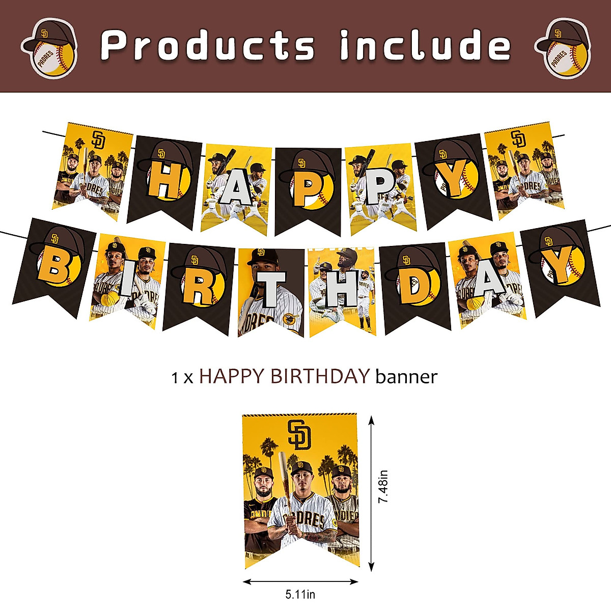 Baseball Team of San-Diego Birthday Party Decorations, Baseball Theme Party Supplies with Happy Birthday Banner, Cake Topper, Cupcake Toppers, Balloons for Kids Adults Birthday Party Favors
