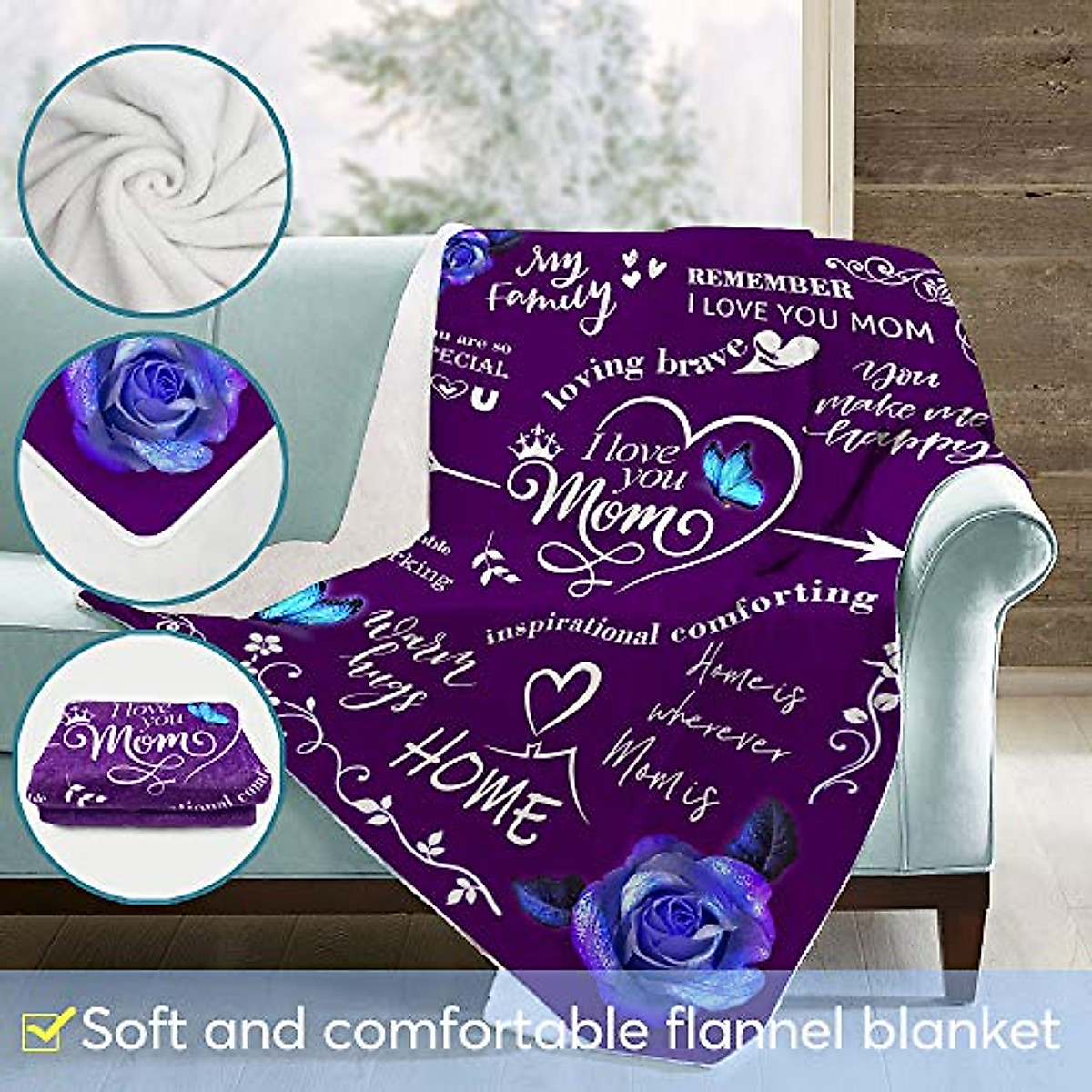 Gifts for Mom, Mom Gifts from Daughter Son, Valentines Day Gifts for Mom, Blanket for Women Mom Presents, Birthday, Valentines Day, Mother Day, Soft Blanket 50x 60 Purple