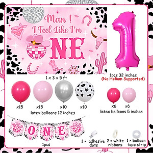 kreat4joy Disco Cowgirl 1st Birthday Decorations, Man I Feel Like I'M One Party Decorations Backdrop, Western Hot Pink Balloons Garland Arch Number 1 Foil Balloon One High Chair Banner for First Rodeo