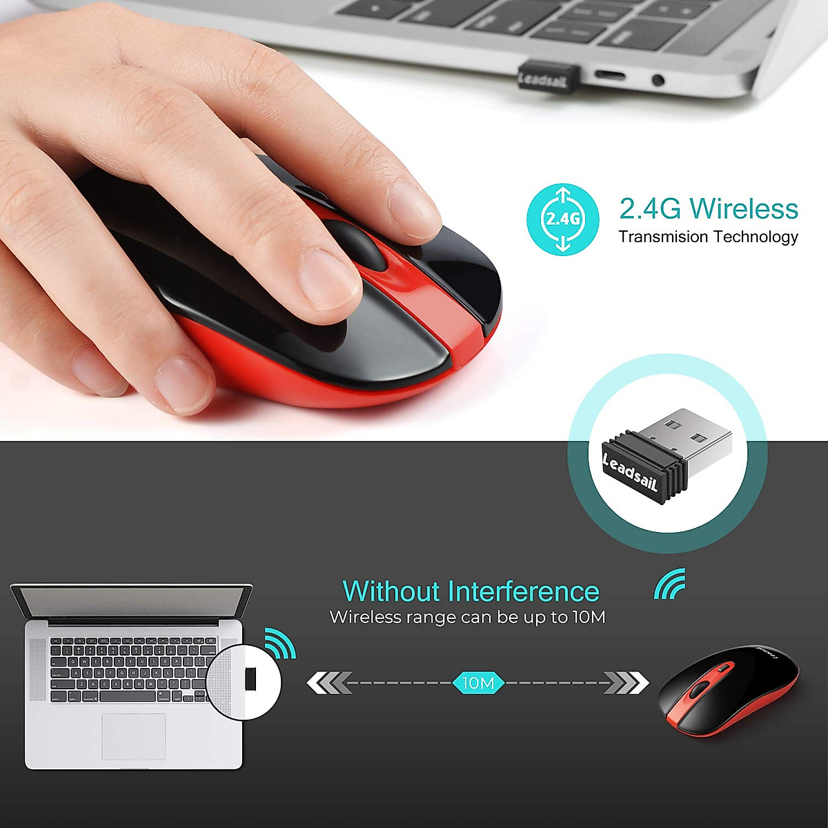 LeadsaiL Wireless Computer Mouse, 2.4G Portable Slim USB Mouse, Silent Click Cordless Mouse 3 Adjustable Levels, 4 Buttons Laptop Mouse for Windows Mac PC Notebook