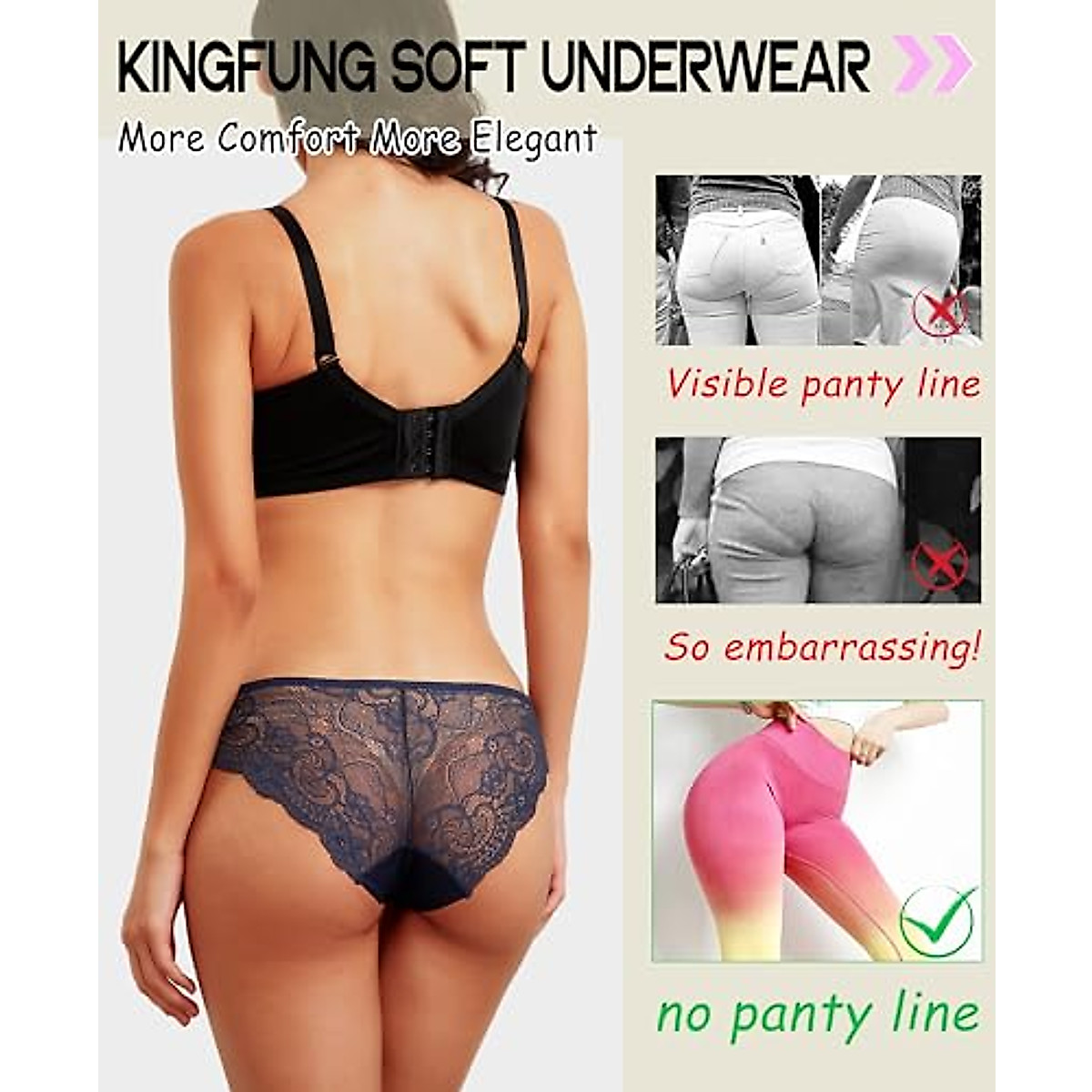 Kingfung Cheeky Underwear for Women Lace No Show Bikini Soft Breathe Seamless Panties Ladies Sexy Hipster (6Pack M)