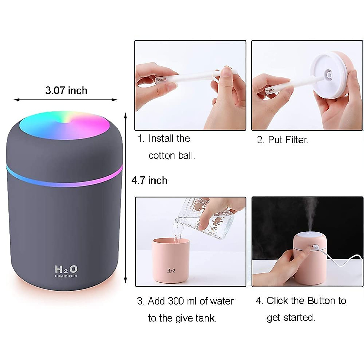 Cool Mini Humidifier, USB Personal Desktop Colorful Cool Mist Humidifiers for Bedroom, Car, Office, etc. Auto Shut-Off, 2 Adjustable Mist Modes, Super Quiet (Navy)