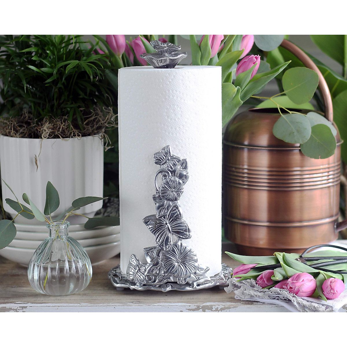 Arthur Court Aluminum Butterfly Garden Decorative Paper Towel Holder Metal Countertop 13 inch Standing Tall