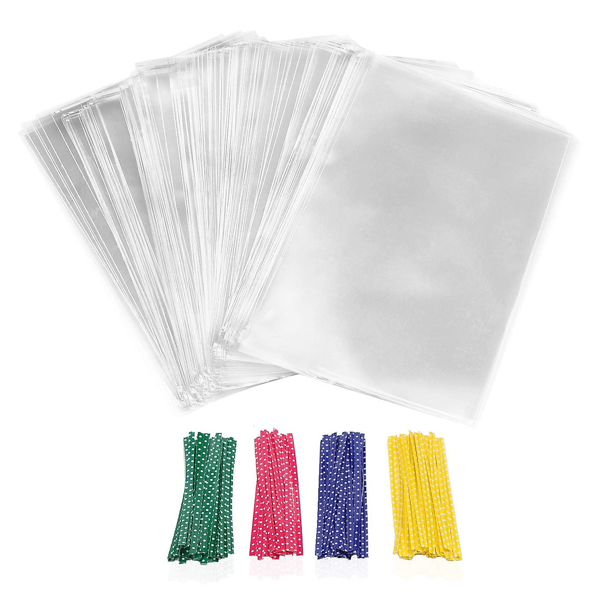 Beasea 4 x 6 Inches Treat Bags Cello Bags, Cellophane Bags 300pcs Cake Pop Treat Cello Bags for lollipop with 4 Mix Colors Twist Ties for Bakery Popcorn Cookies Candies Dessert