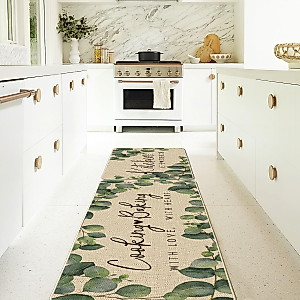 Artoid Mode Eucalyptus Leaves Mats Set of 2, Kitchen is The Heart of The Home Cooking with Love Baking with Heart Decorations for Home 17 x 29 and 17 x 47 Inch