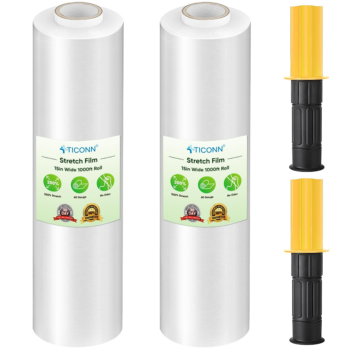 TICONN 2PK Stretch Wrap Stretch Film Roll, 1000ft 60 Gauge Industrial Strength 15 inch Wide Clear Plastic Wrap with Handles for Pallet Wrapping Shipping and Surface Protection (1000ft, 2pk)