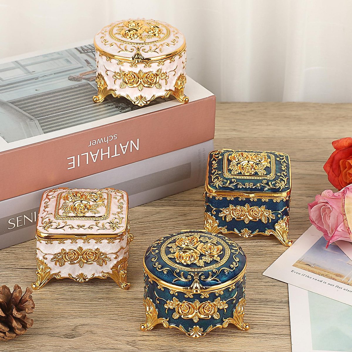 Hipiwe Antique Metal Jewelry Box Ring Earring Treasure Chest Case Small Trinket Box Round Jewelry Display Box Necklace Organizer Wedding Birthday Gift Home Decor, 3x3x2.4 inch