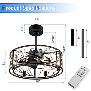 Breezary 20'' Caged Ceiling Fan with Lights Remote Control, 5 Reversible Blades Modern Chandelier Crystal Lighting Ceiling Fans for Bedroom Office