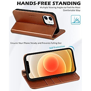 SHIELDON Wallet Case for iPhone 12 5G, Genuine Leather Folio Case Magnetic Shock Absorbing Case RFID Blocking Credit Card Holder Kickstand Compatible with iPhone 12/12 Pro 6.1" - Retro Brown