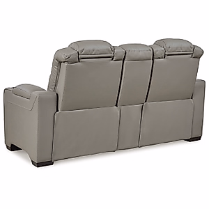 Signature Design by Ashley Backtrack Contemporary Tufted Leather Power Reclining Loveseat with Console and Adjustable Headrest, Light Gray