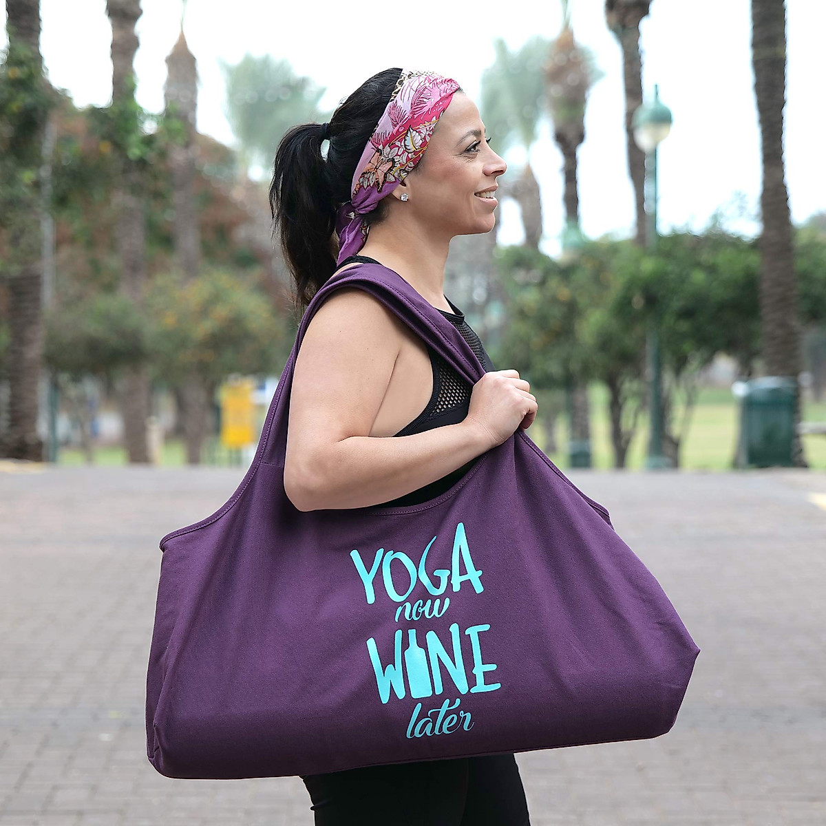 Wild Essentials Yoga Bag Yoga Now Wine Later Exercise tote, large mat carrier with shoulder strap and inside pocket, fits most yoga mats, Rugged 10 ounce, recycled cotton canvas