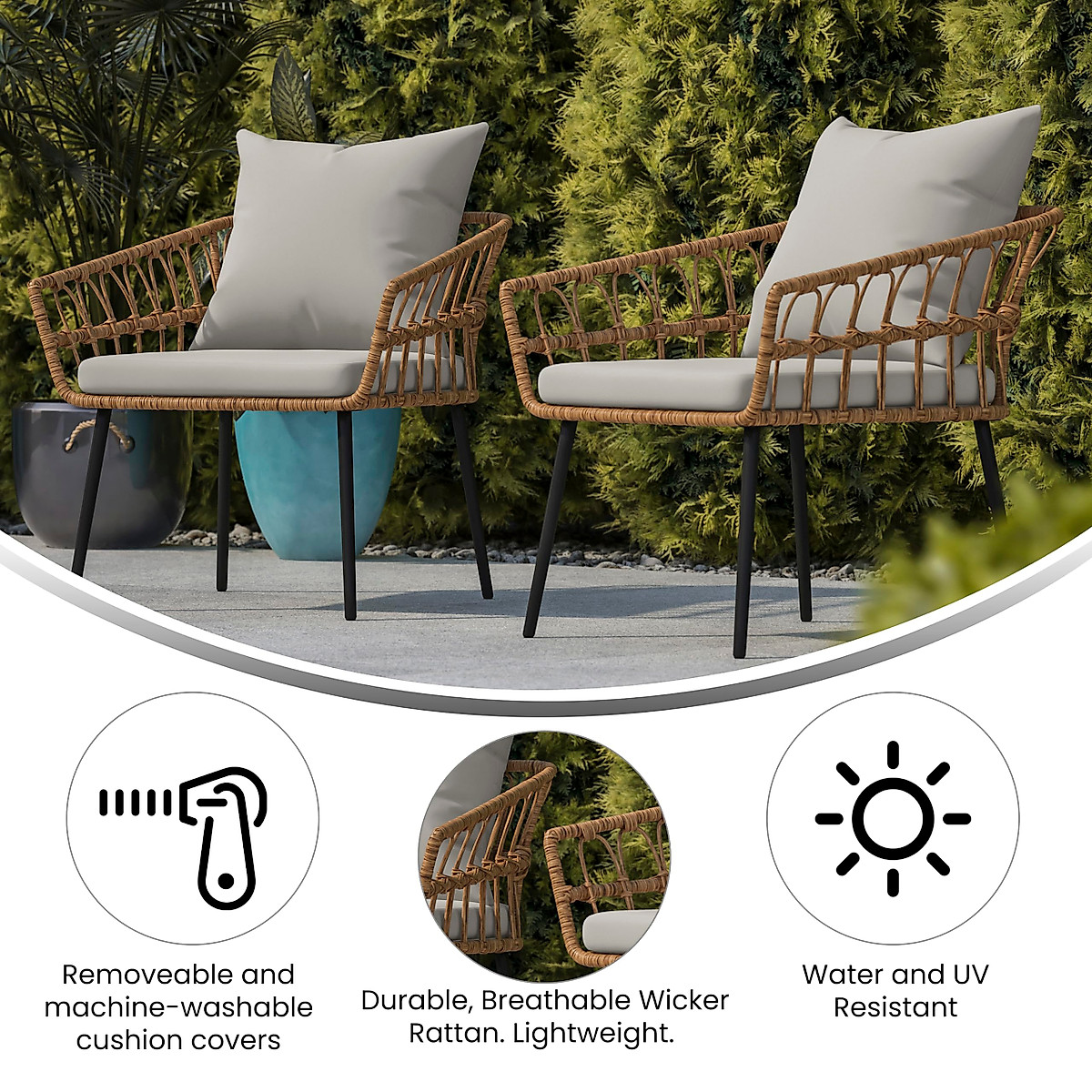 Flash Furniture Evin Set of 2 Boho Indoor/Outdoor Patio Chairs - Natural Finish Faux Rattan Wicker - Gray All-Weather Cushions - Integrated Armrests