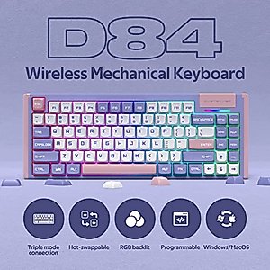 DUSTSILVER Wireless Keyboard Mechanical Gaming Keyboard Hot-swappable RGB Backlit Supports BT 5.0/2.4G Wireless/Wired 3 Modes Brown Switch 84 Keys Programmable Macro for Windows/MacOS Lilac