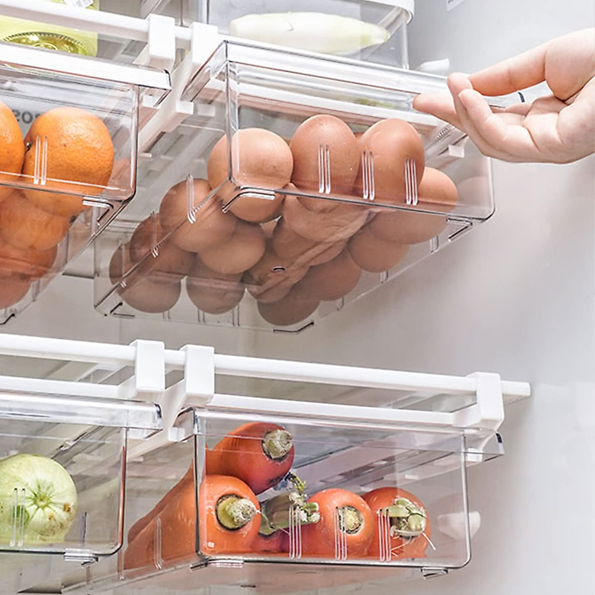 Yatmung Fridge Drawer organizer and storage clear box, under shelf drawer refrigerator for Egg/Fruit/Vegetable, refrigerator organizer bins pull out drawer, Adjustable fridge storage containers 2-Pack