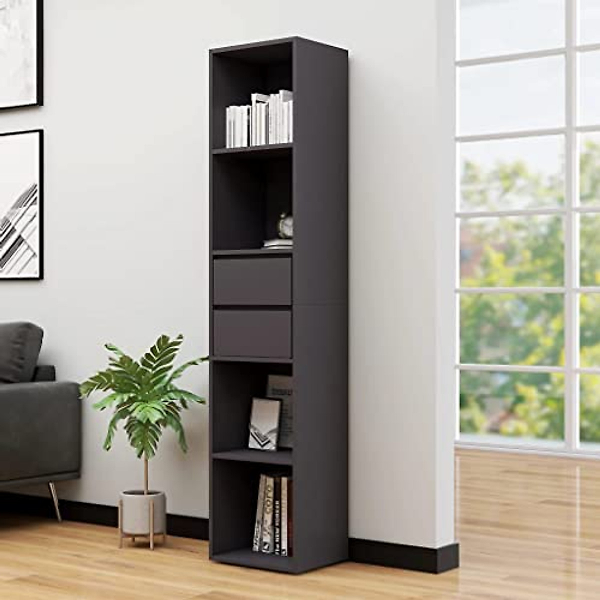 Natulvd 6 Tier Tall Bookcase with Drawers & Shelves, Narrow Display Storage Shelves Collection Décor Free Standing Furniture for Home Living Room Study Room - Grey
