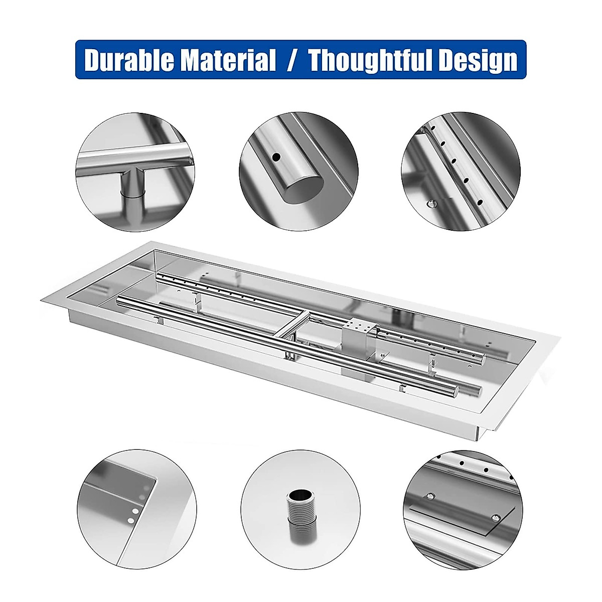 GRISUN Drop-in Fire Pit Kit 30 x 10 Inch, H-Shape Burner with Pan, Come with Upgraded Spark Ignition Kit for Gas Fire Pit, Fire Pit Table Insert Stainless Steel, Suitable for Indoor Outdoor Decoration