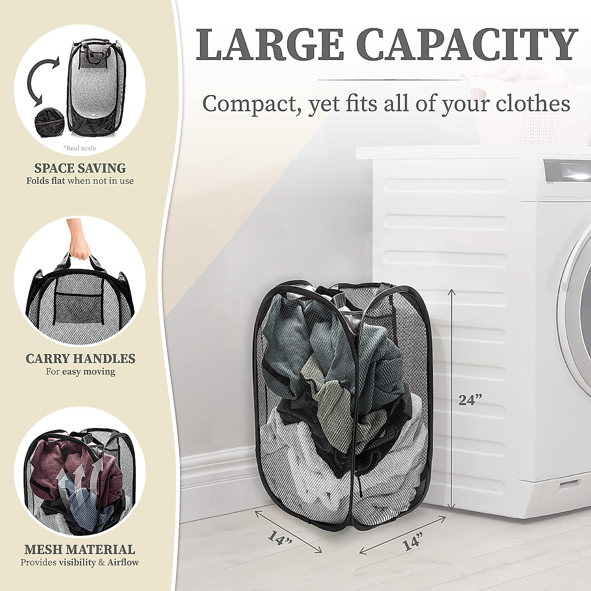 BROOKSTONE, 2 Pack, Compact Foldable Pop Up Laundry Hamper, Super Lightweight Mesh, Collapsible Space Saving Design, Portable with Carry Strap, Breathable Materials