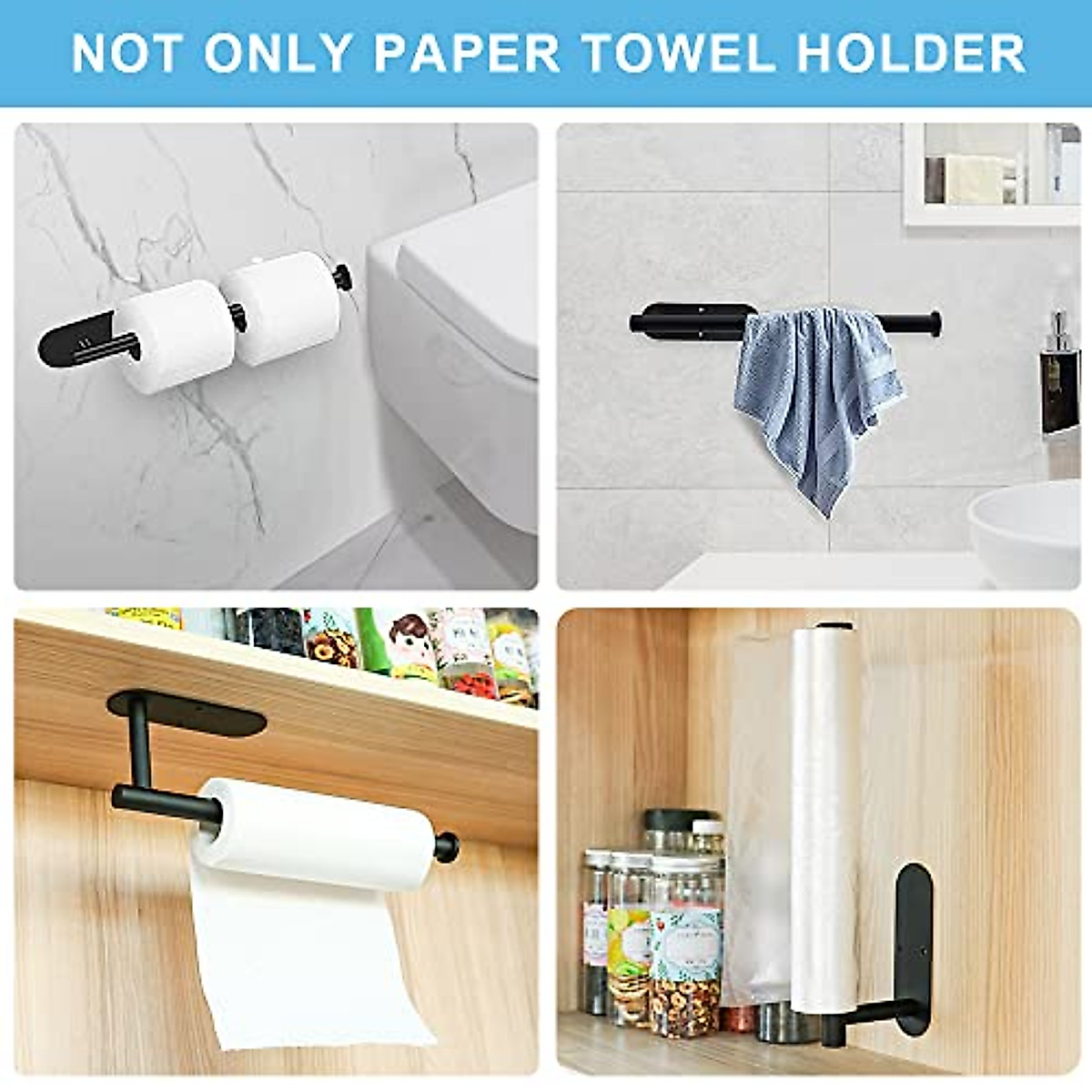 ASTOFLI Paper Towel Holder Under Cabinet, Self Adhesive and Drilling Paper Towel Holder Wall Mount, Under Cabinet Paper Towel Holder for Kitchen, Black Paper Towel Holder SUS304 Stainless Steel