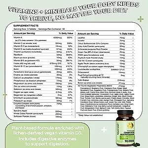 Future Kind Vegan Multivitamins Complete - 42-in-1 Vegan Multivitamins for Women & Men with Enzymes, B12, Zinc, & Probiotics for Digestion (90 tabs in Recycled Bottle)